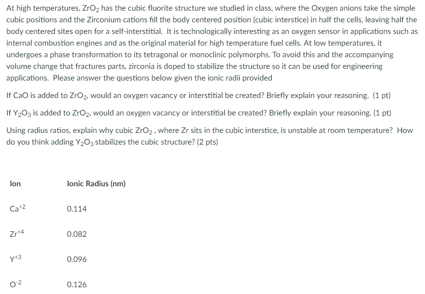Solved At high temperatures, ZrO2 has the cubic fluorite | Chegg.com