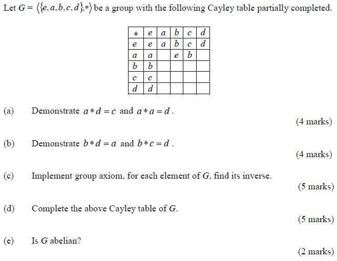 Solved Let G = ({e,a,b,c,d}.*) be a group with the following | Chegg.com