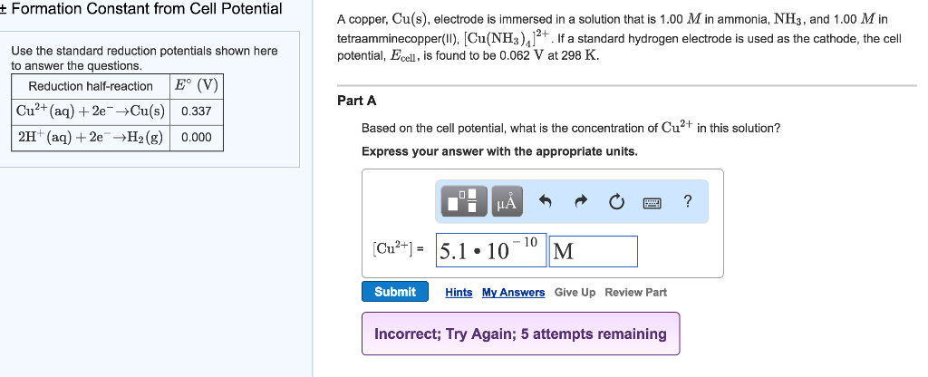 Solved Formation Constant from Cell Potential Use the | Chegg.com