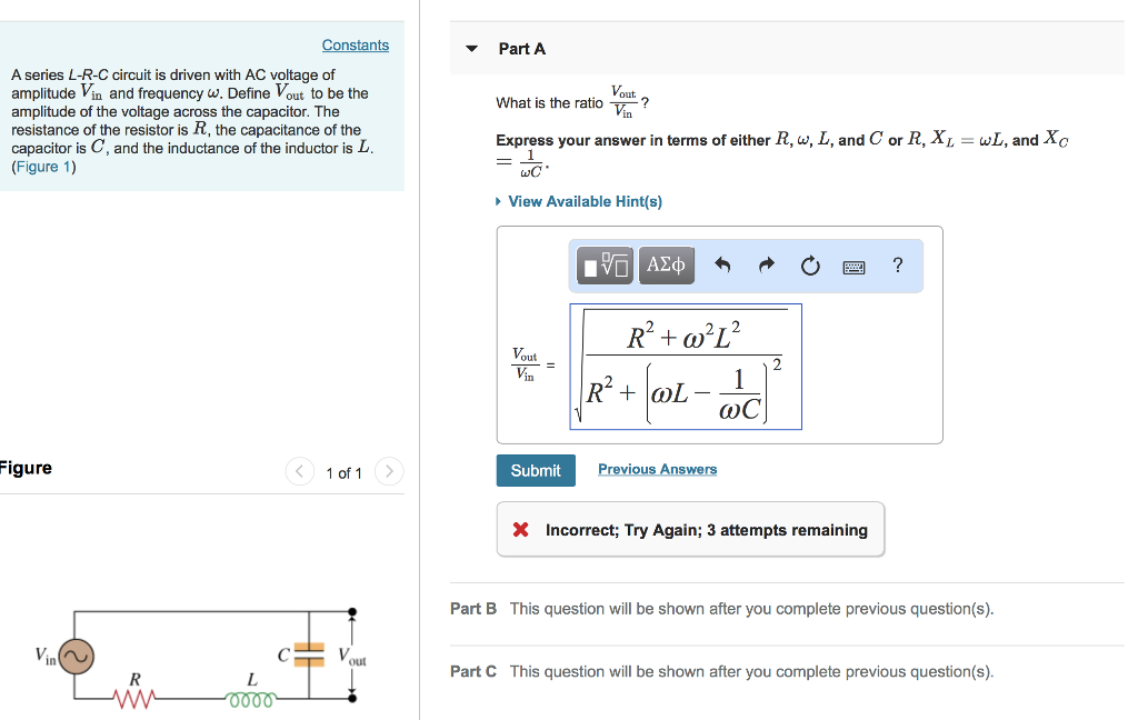 Solved Part A A Series L R C Circuit Is Driven With Ac