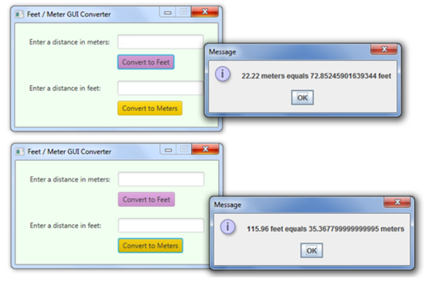 Create a GUI program to convert meters to feet and | Chegg.com