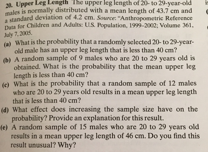 Solved Upper Leg Length. The upper leg length of 20-to | Chegg.com