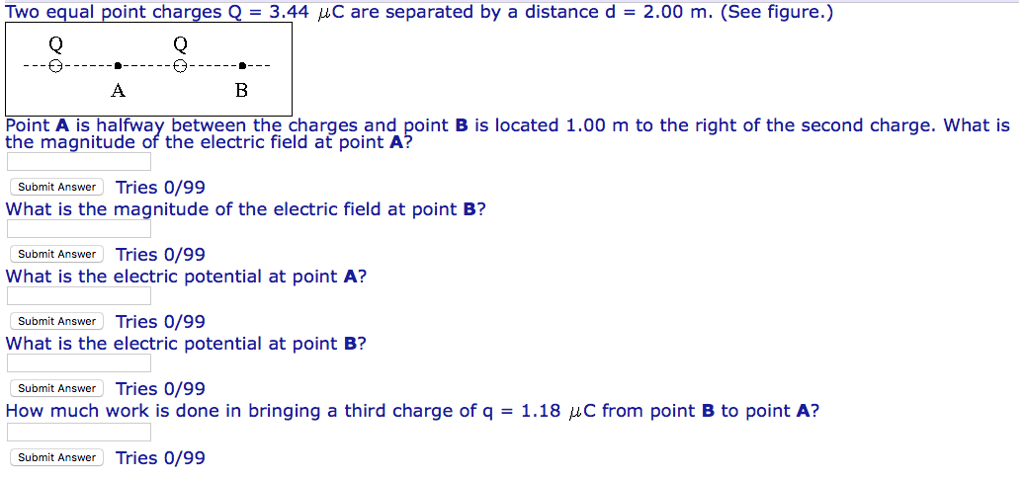 Solved Two equal point charges Q = 3.44 mu C are separated | Chegg.com
