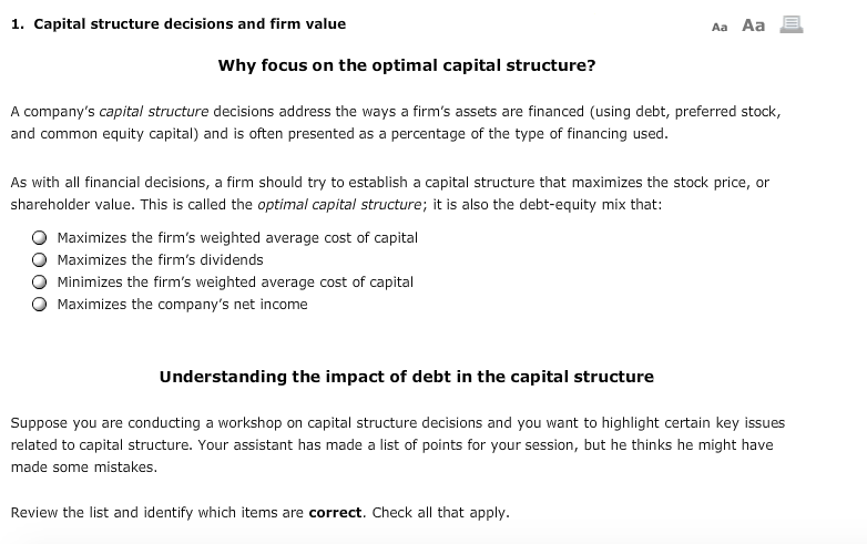 Solved 1. Capital structure decisions and firm value Aa Aa | Chegg.com Solved 1. Capital structure decisions and firm value Aa Aa | Chegg.com