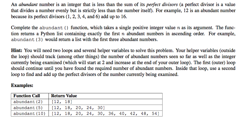 Solved An abundant number is an integer that is less than | Chegg.com
