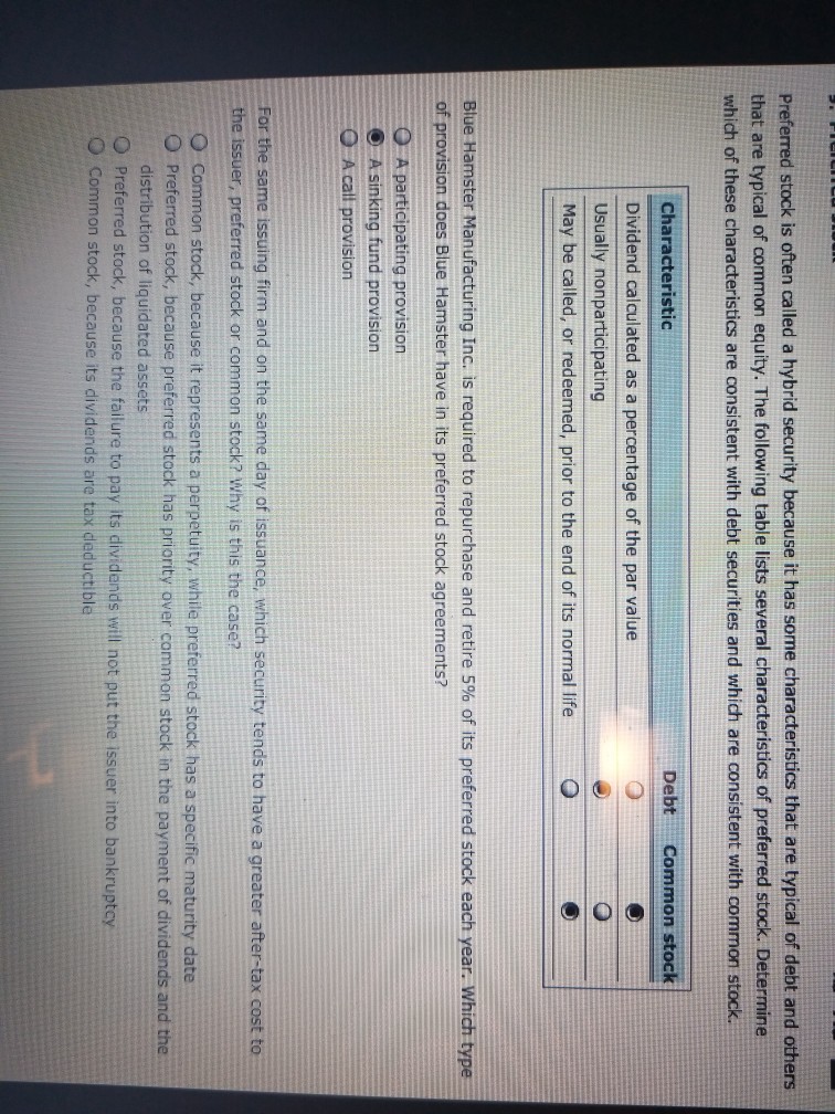Solved Preferred stock is often called a hybrid security | Chegg.com