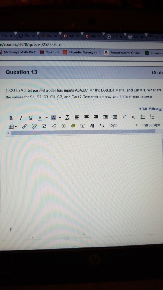 Solved A 3-bit parallel adder has Inputs A3A2A1 = 101: | Chegg.com