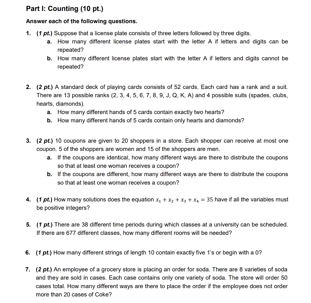 Solved Part l: Counting (10 pt.) Answer each of the | Chegg.com
