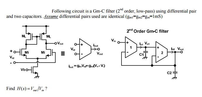 Solved Following circuit is a Gm-C filter (2nd order, | Chegg.com