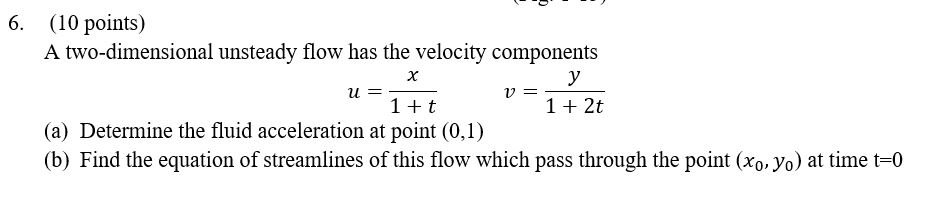 Solved A two-dimensional unsteady flow has the velocity | Chegg.com