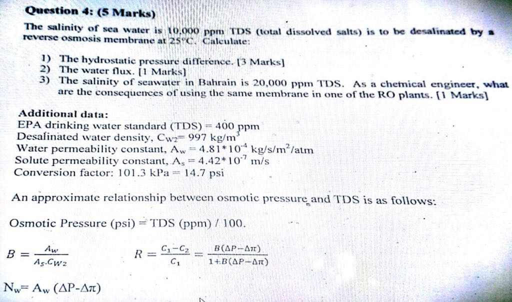 Solved Question 4: (5 Marks) The salinity of sea water is | Chegg.com