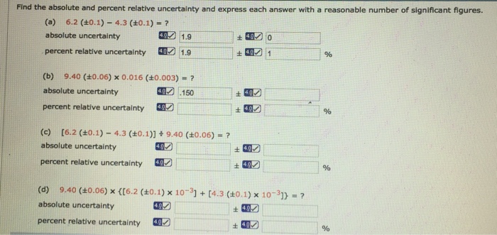 Solved Find the absolute and percent relative uncertainty | Chegg.com
