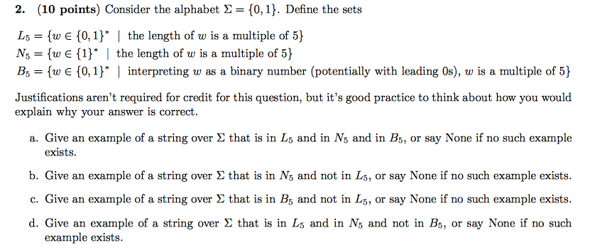 Solved 2" (10 points) Consider the alphabet ? (0, 1}. Define | Chegg.com