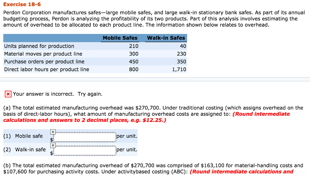 Solved Exercise 18-6 Perdon Corporation manufactures safes | Chegg.com