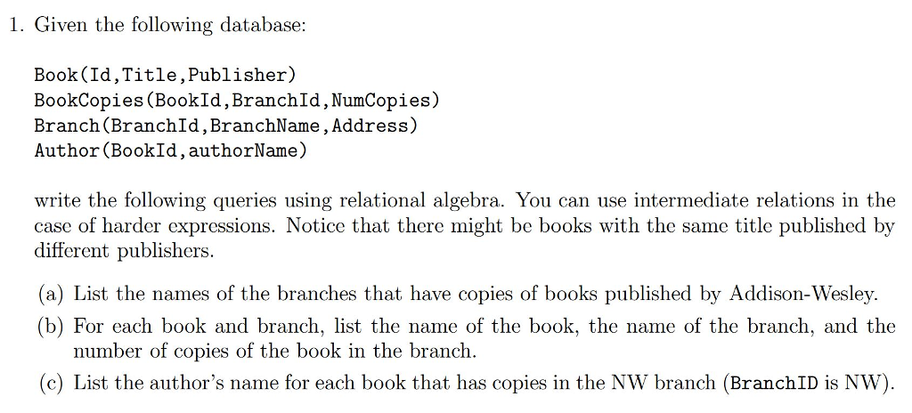 Solved Given the following database: Book(Id, Title, | Chegg.com