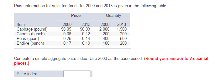 Solved Price information for selected foods for 2000 and | Chegg.com