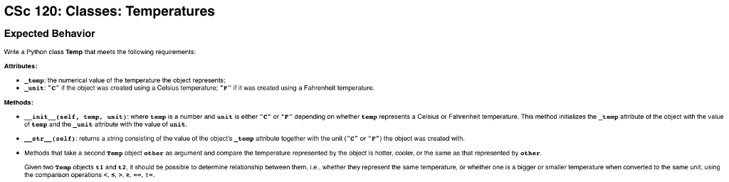 Solved CSc 120: Classes: Temperatures Expected Behavior | Chegg.com