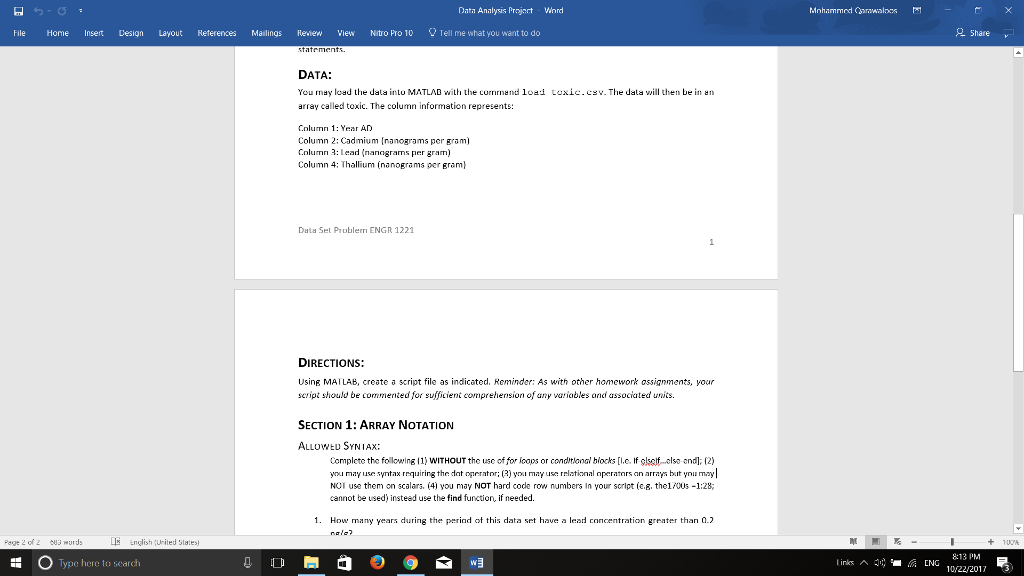 Solved Data Analysis Project Word File Home Insert Design | Chegg.com