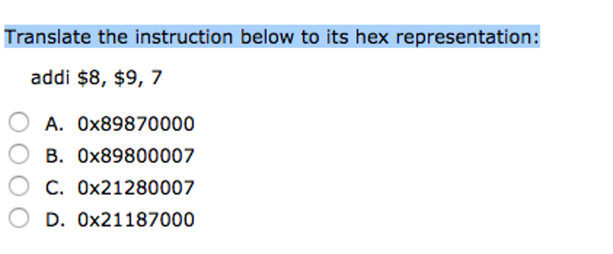 Solved Translate the instruction below to its hex | Chegg.com