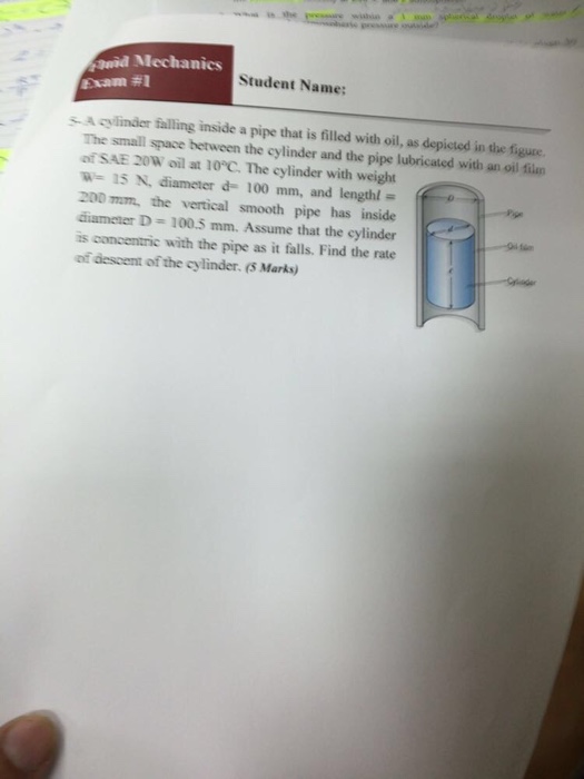 Solved A cylinder falling inside a pipe that is filled with | Chegg.com
