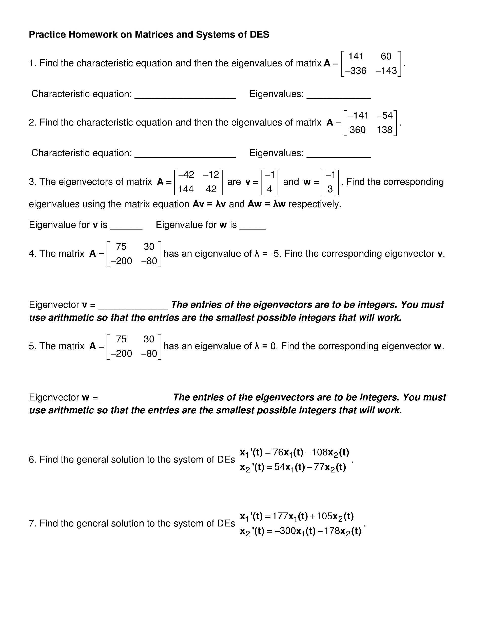 Solved Practice Homework on Matrices and Systems of DES | Chegg.com