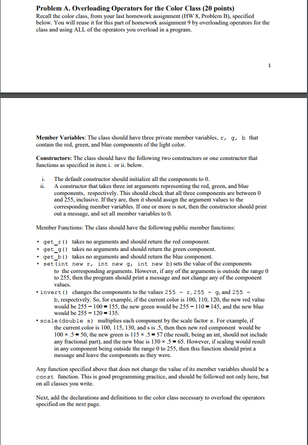 Solved Problem A. Overloading Operators for the Color Class | Chegg.com