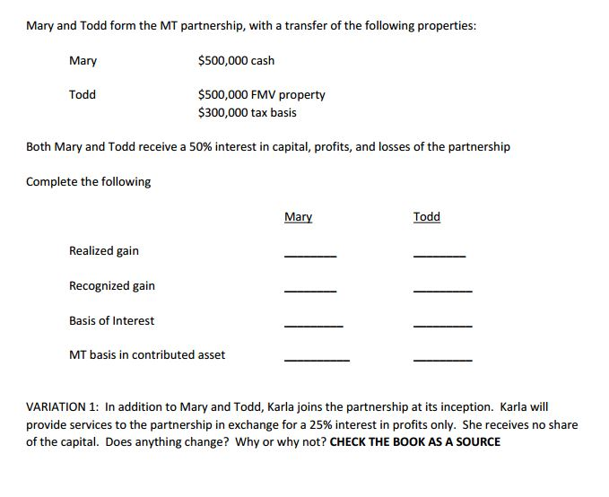 Solved Mary and Todd form the MT partnership, with a | Chegg.com