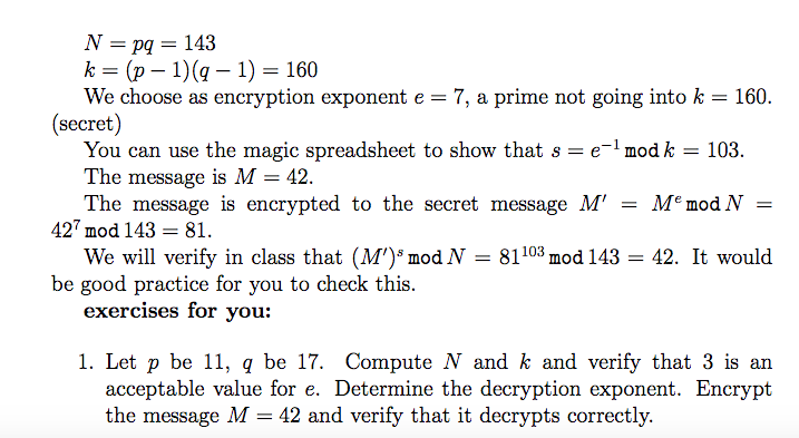Solved N pq = 143 k (p-1)(q-1) = 160 We choose as encryption | Chegg.com