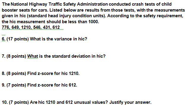 Solved The National Highway Traffic Safety Administration | Chegg.com