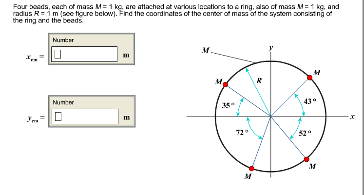 Solved Four beads, each of mass M = 1 kg, are attached at | Chegg.com