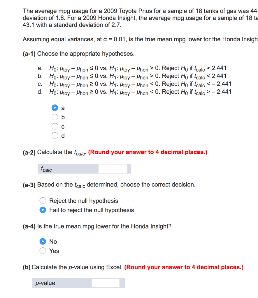 Solved The average mpg usage for a 2009 Toyota Prius for a | Chegg.com
