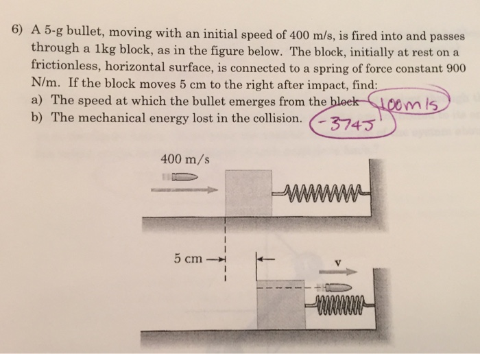 Solved A 5-g bullet, moving with an initial speed of 400 | Chegg.com