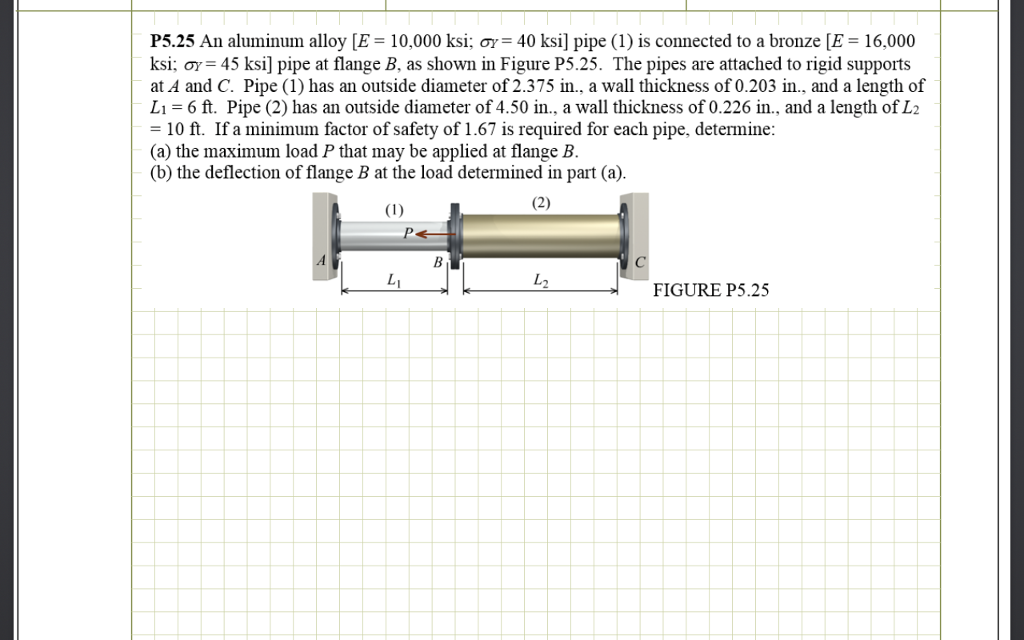 Solved P5.25 An aluminum alloy [E = 10,000 ksi; 40 ksi] pipe | Chegg.com