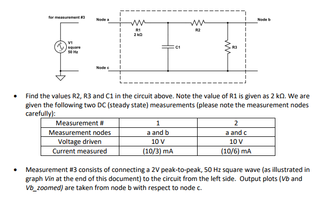 Solved for measurement #3 Node a I Node b R1 R2 V1 C1 R3 50 | Chegg.com