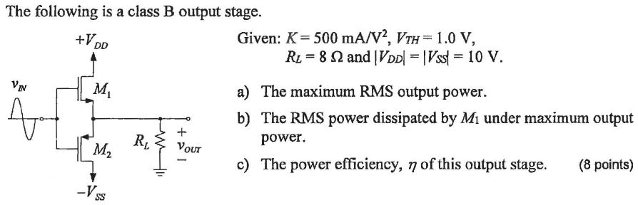 Solved The following is a class B output stage. The maximum | Chegg.com