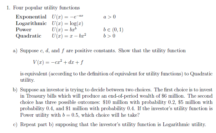 1. Four popular utility functions Exponential | Chegg.com