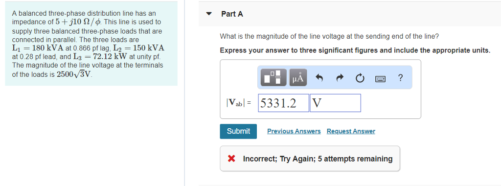 Solved A balanced three-phase distribution line has an | Chegg.com