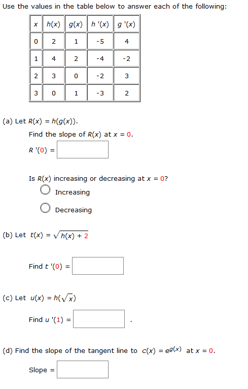 Solved Use the values in the table below to answer each of | Chegg.com