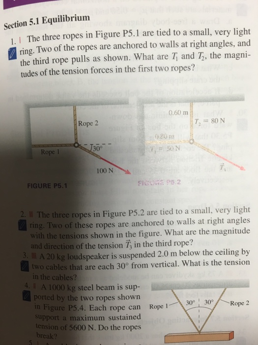 Solved The three ropes in Figure P5.1 are tied to a small, | Chegg.com