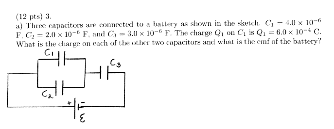 Solved Three capacitors are connected to a battery as shown | Chegg.com
