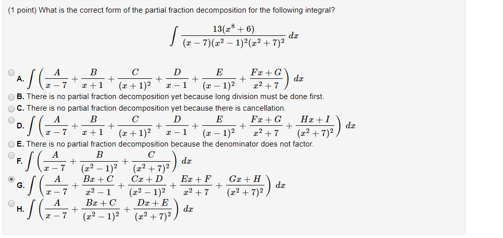 Solved (1 point) What is the correct form of the partial | Chegg.com