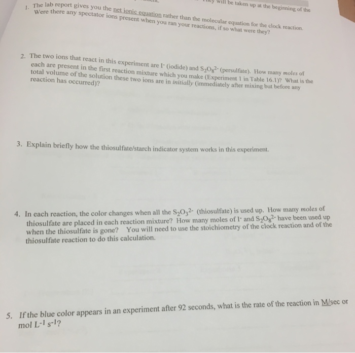 The lab report gives yout he net ionic equation | Chegg.com