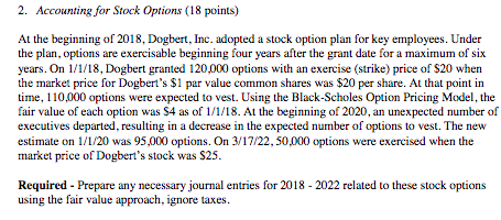 Solved 2. Accounting for Stock Options (18 points) At the | Chegg.com