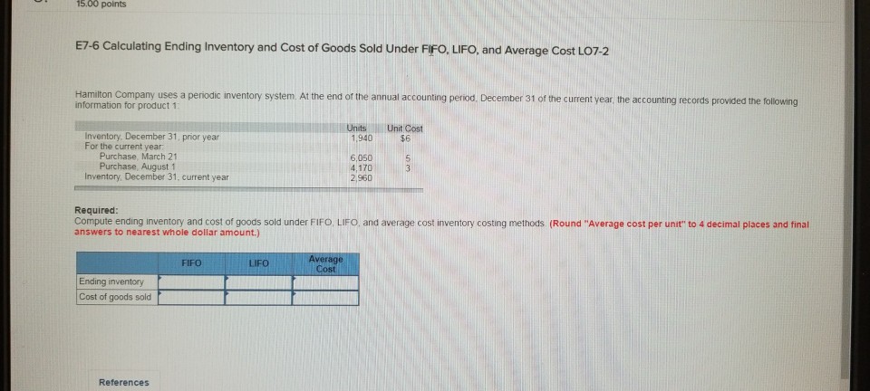 Solved 15.00 points E7-6 Calculating Ending Inventory and | Chegg.com