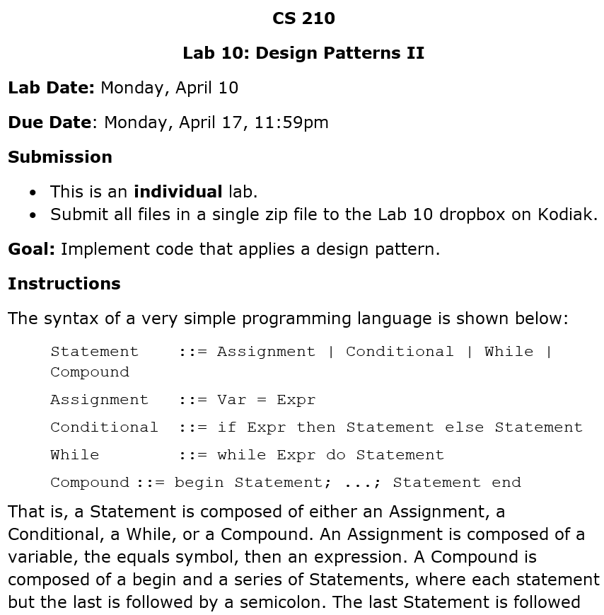 CS 210 Lab 10: Design Patterns II Lab Date: Monday, | Chegg.com