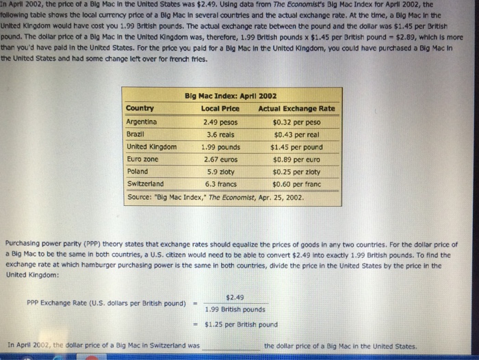 Solved In April 2002, the price or a Dig Mac in the United | Chegg.com