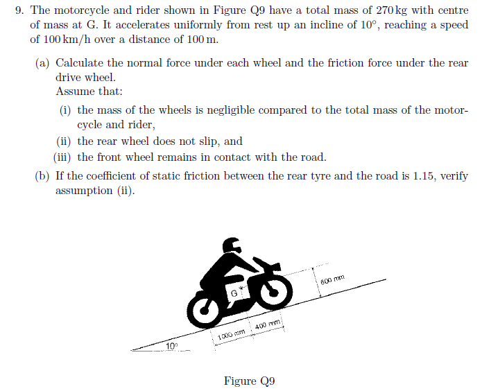 Solved 9. The motorcycle and rider shown in Figure Q9 have a | Chegg.com