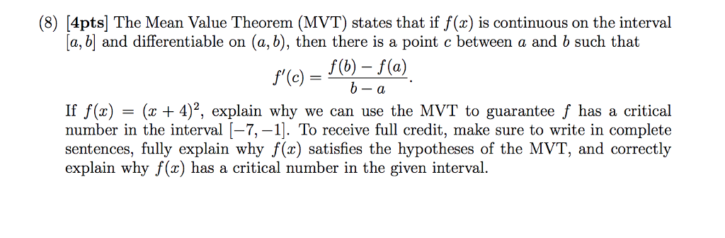 Solved The Mean Value Theorem (MVT) states that if f(x) is | Chegg.com