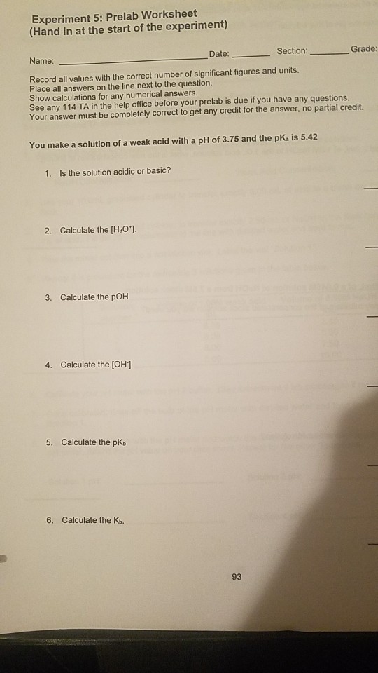 Solved Experiment 5: Prelab Worksheet (Hand in at the start | Chegg.com