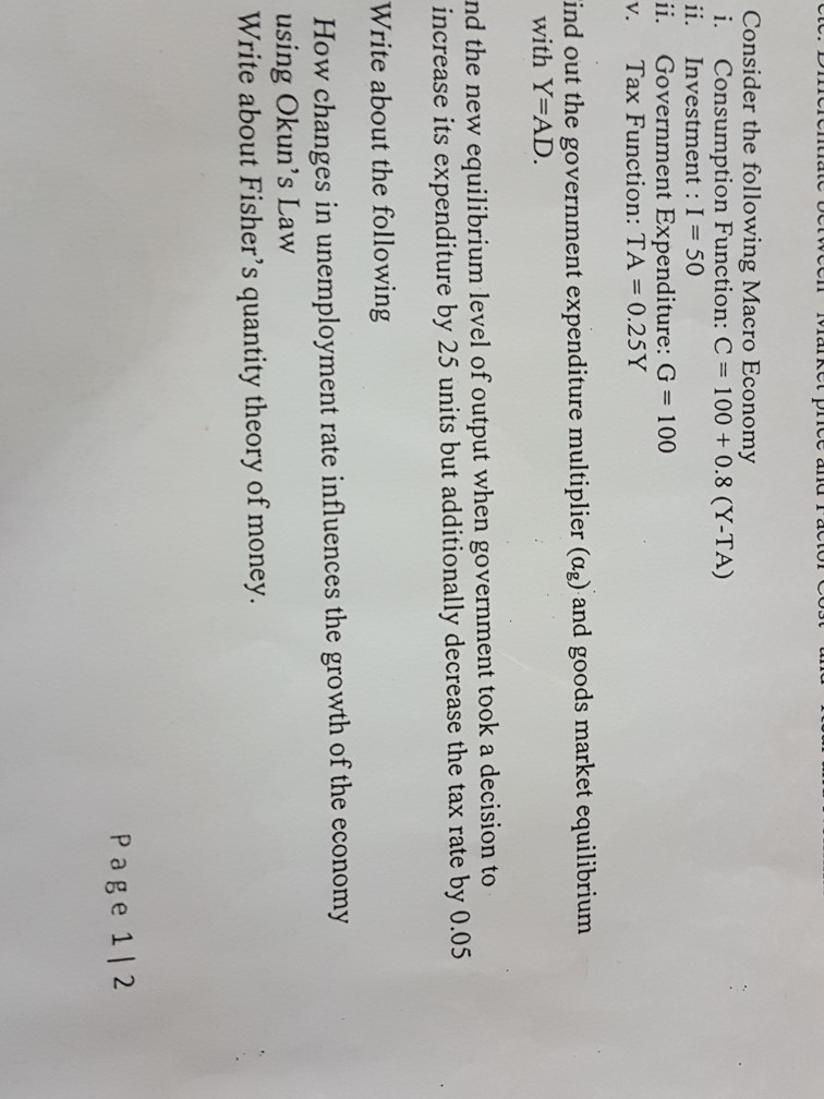 Solved Consider the following Macro Economy i. Consumption | Chegg.com